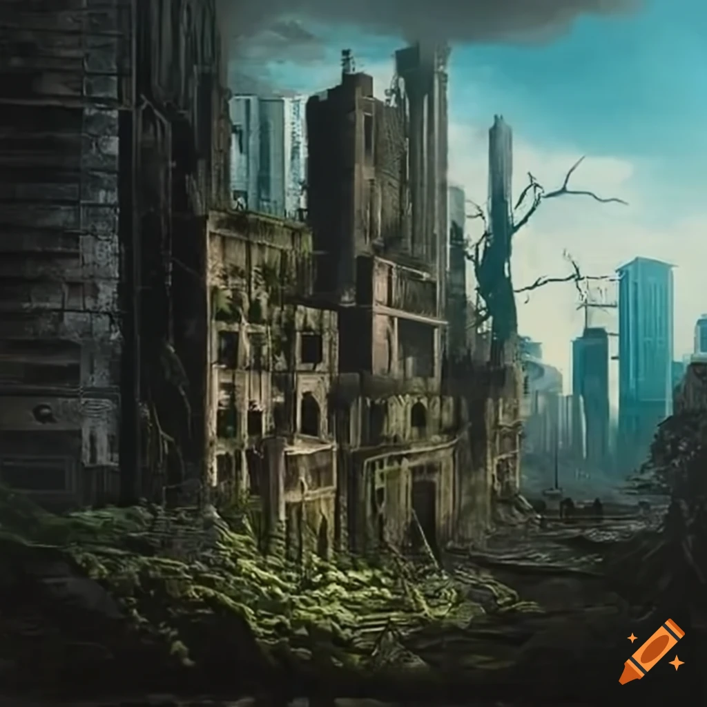 Dystopian city with skyscrapers covered in trees and forests on top on ...