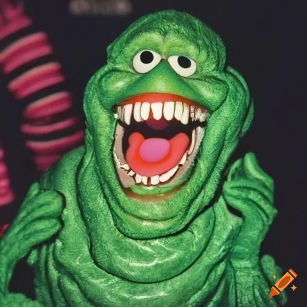 Muppet version of slimer at an 80s party on Craiyon