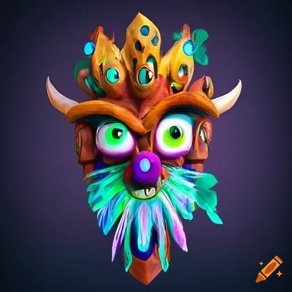 Vibrant and intricately detailed Sumerian wooden mask with feather ...