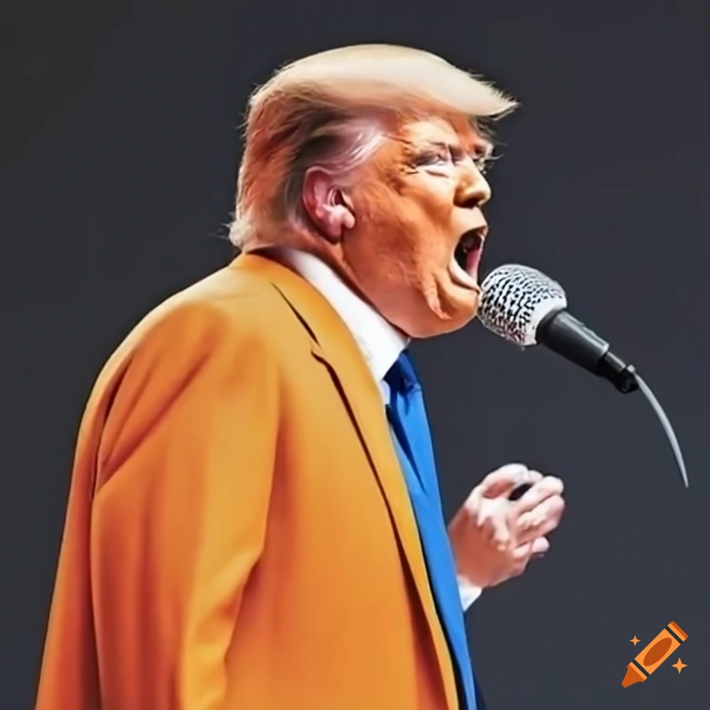 Man in orange suit standing behind a microphone on Craiyon