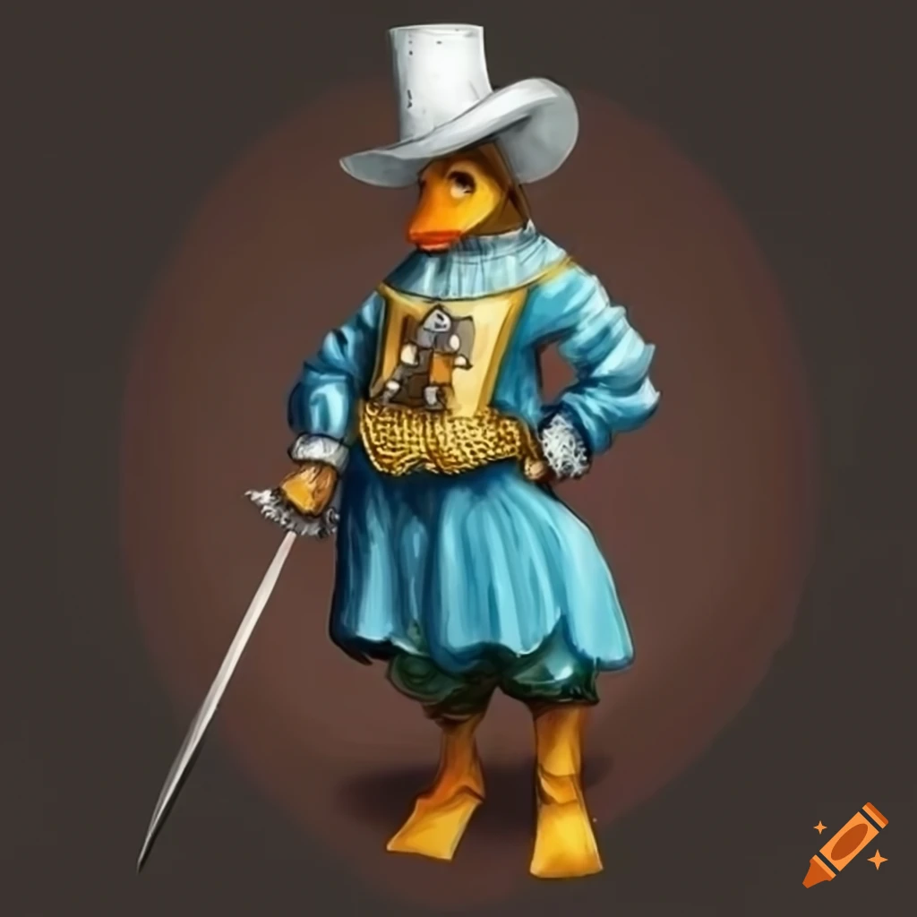 Duck musketeer with a rapier in a heroic pose on Craiyon