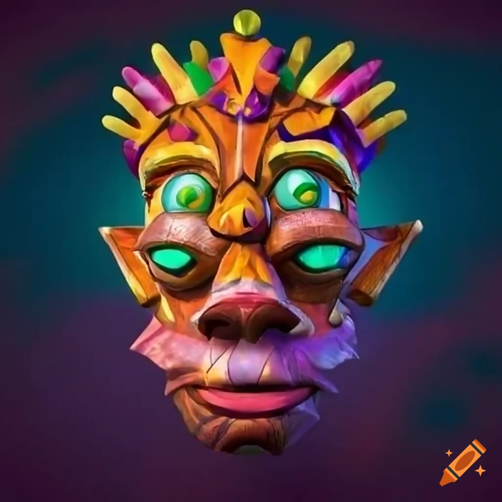 Vibrant and intricate wooden mask with lifelike eyes and feather crown ...