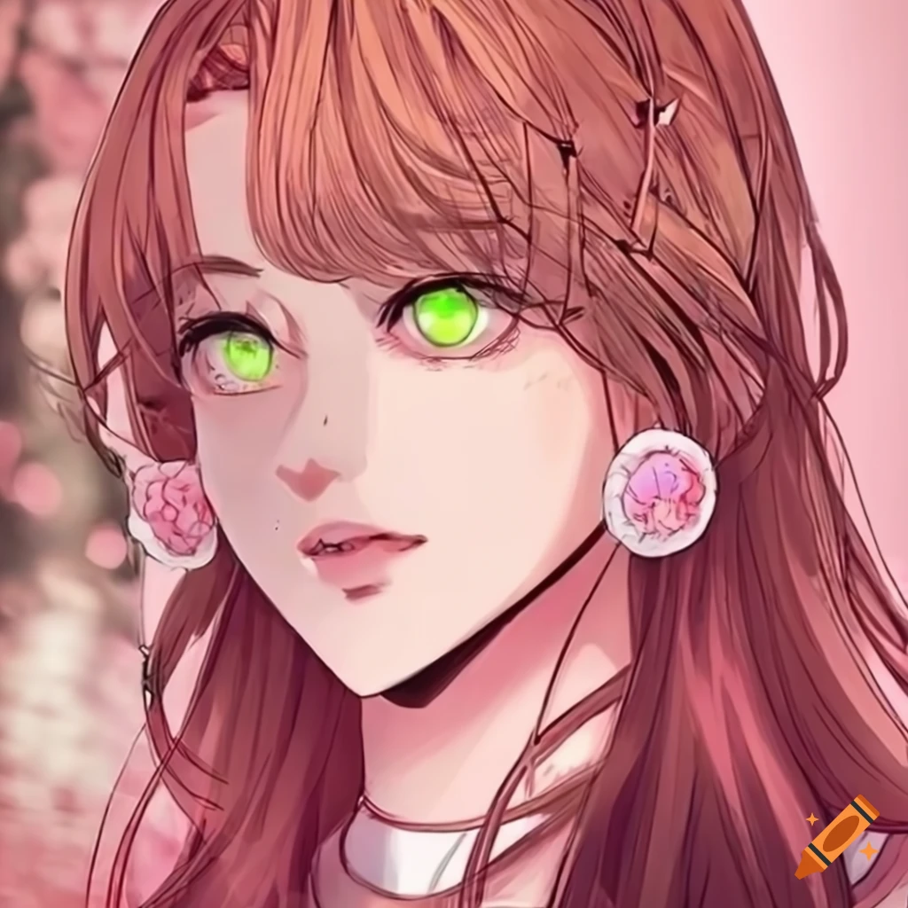 Anime manga-style woman with sparkling hazel-green eyes in pink preppy ...