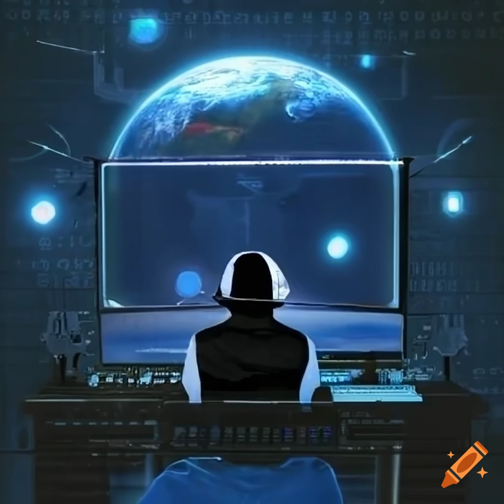 Hacker in a room with holographic planet typing on a keyboard on Craiyon