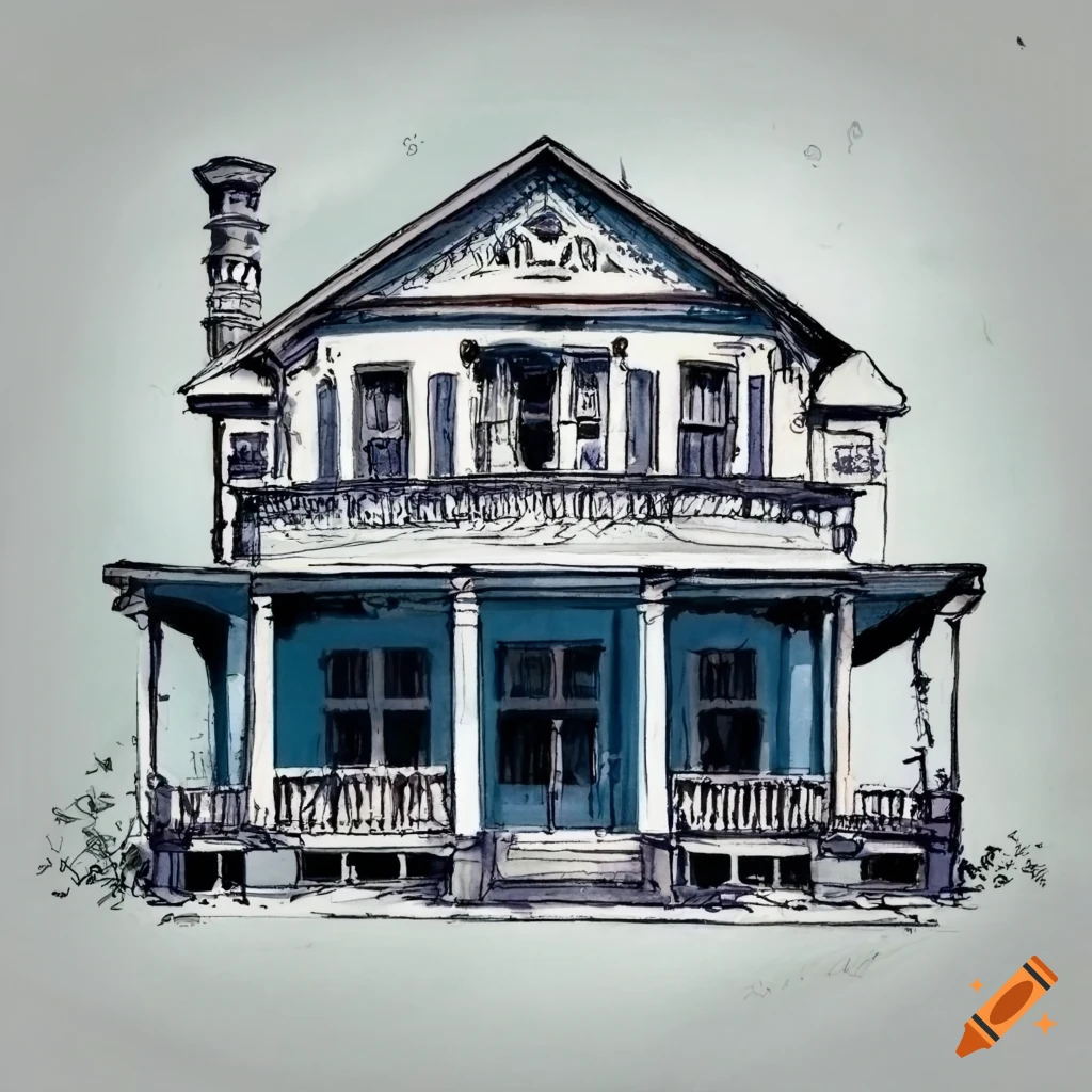 Detailed sketch of a victorian-style hunting lodge in an appalachian ...