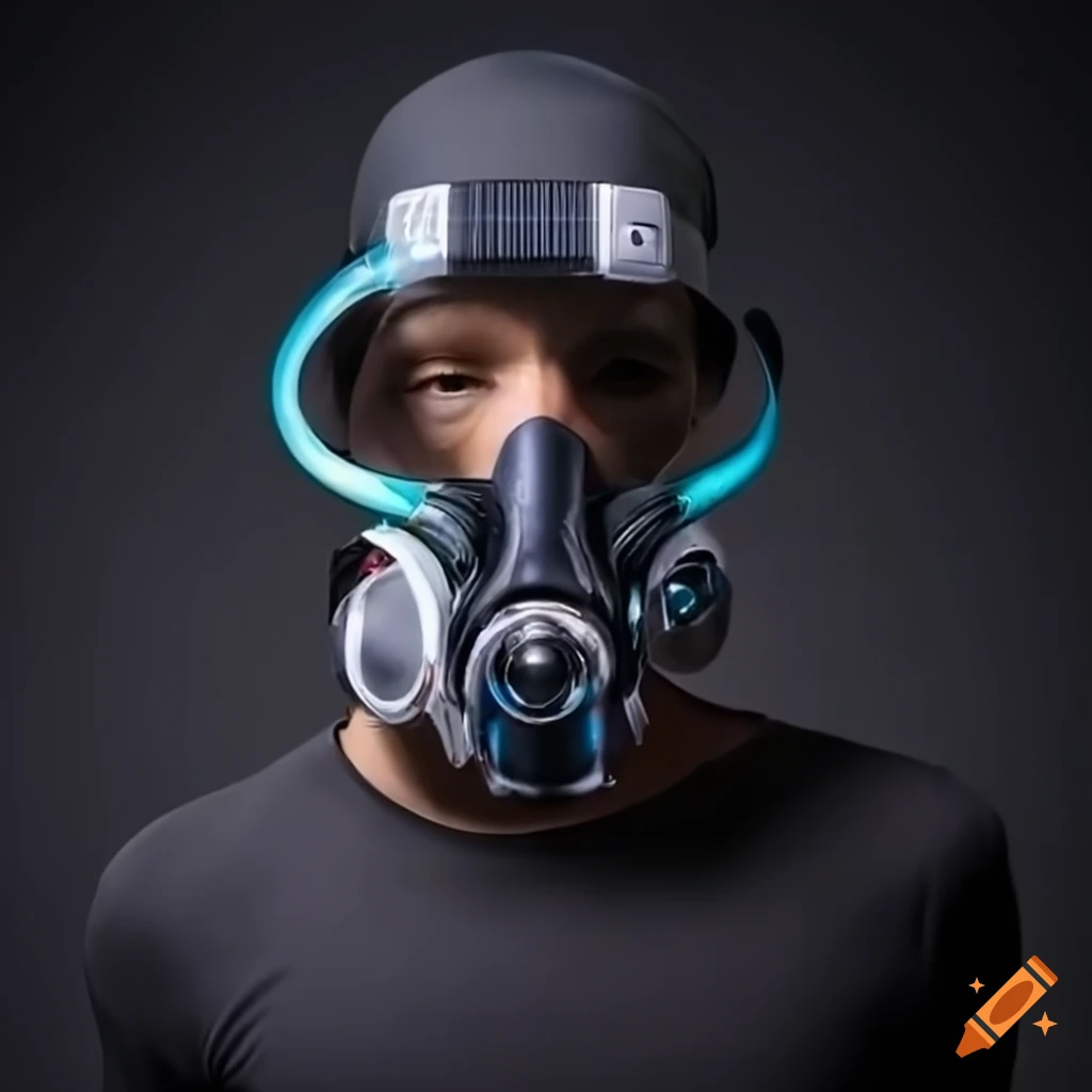 Person wearing futuristic breathing mask with breath counting tubes on ...