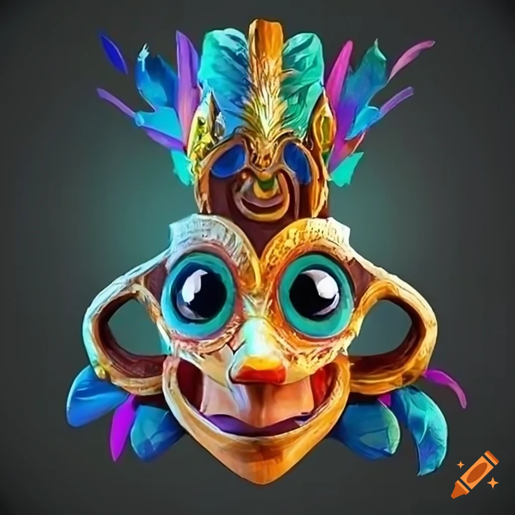 Vibrant and intricately detailed Sumarian wooden mask with friendly ...