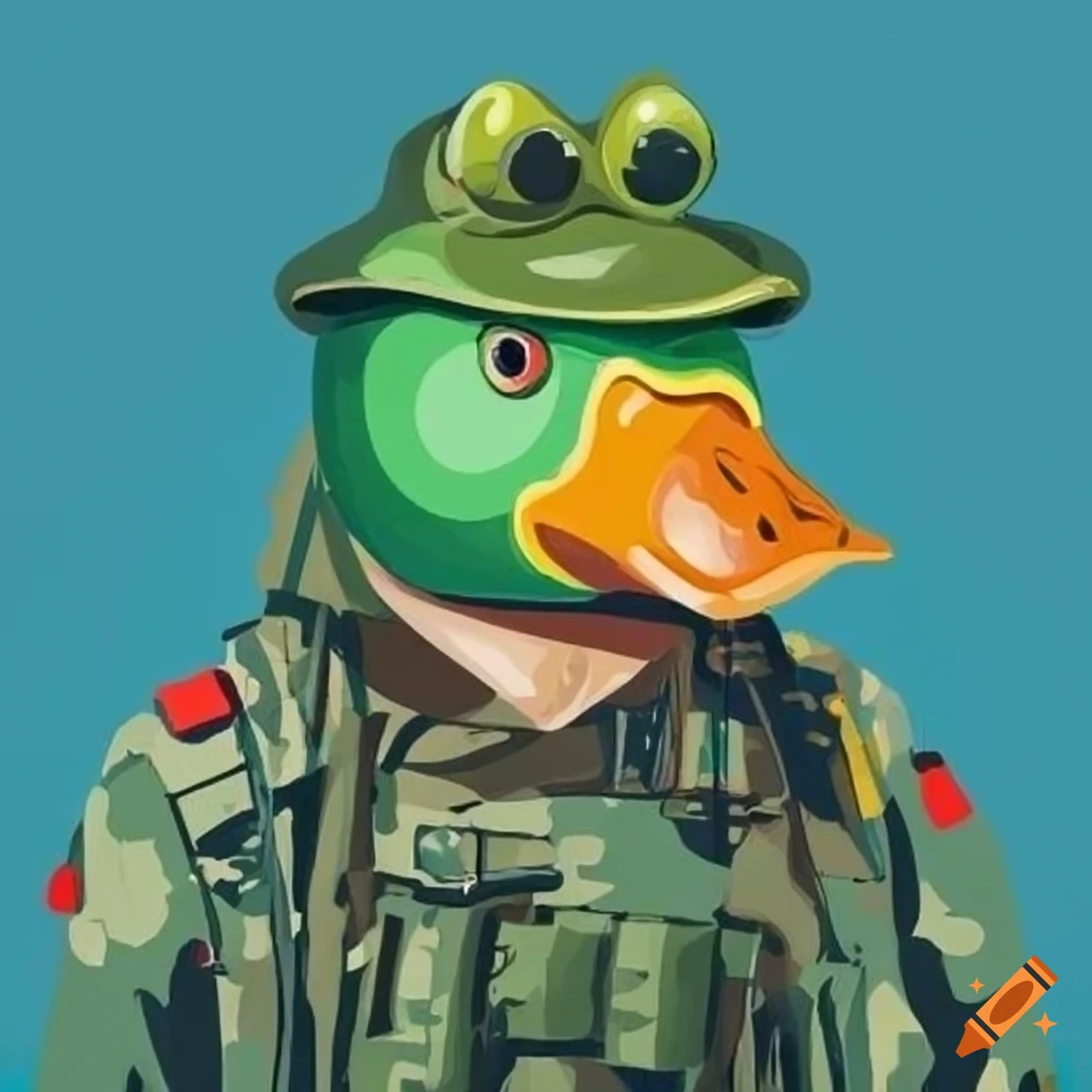Duck dressed as a military man with a frog hat on a battlefield on Craiyon