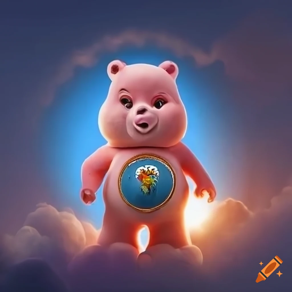 Care Bears on a cloud with the sun shining behind them in hyper ...