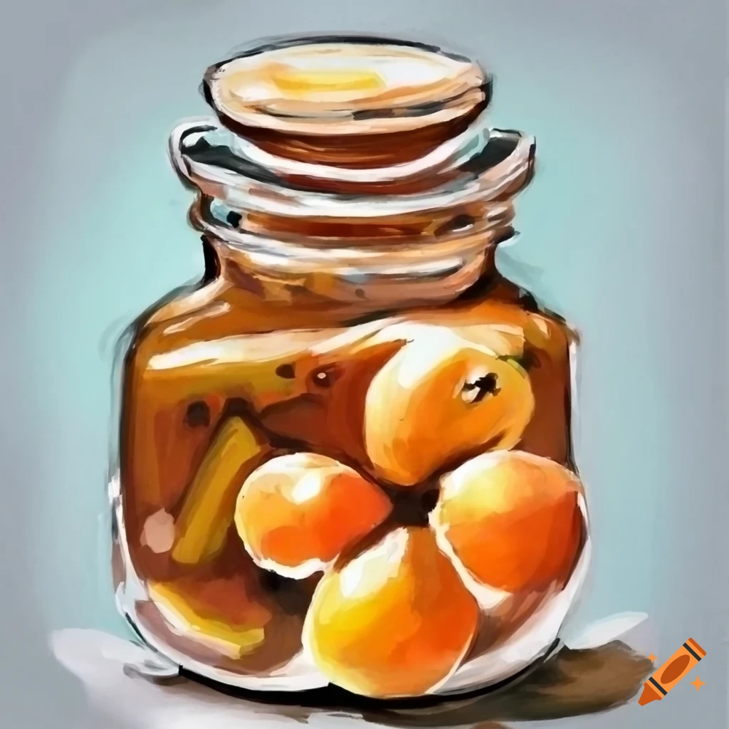 Drawing of loquat chutney in a cute jar on Craiyon