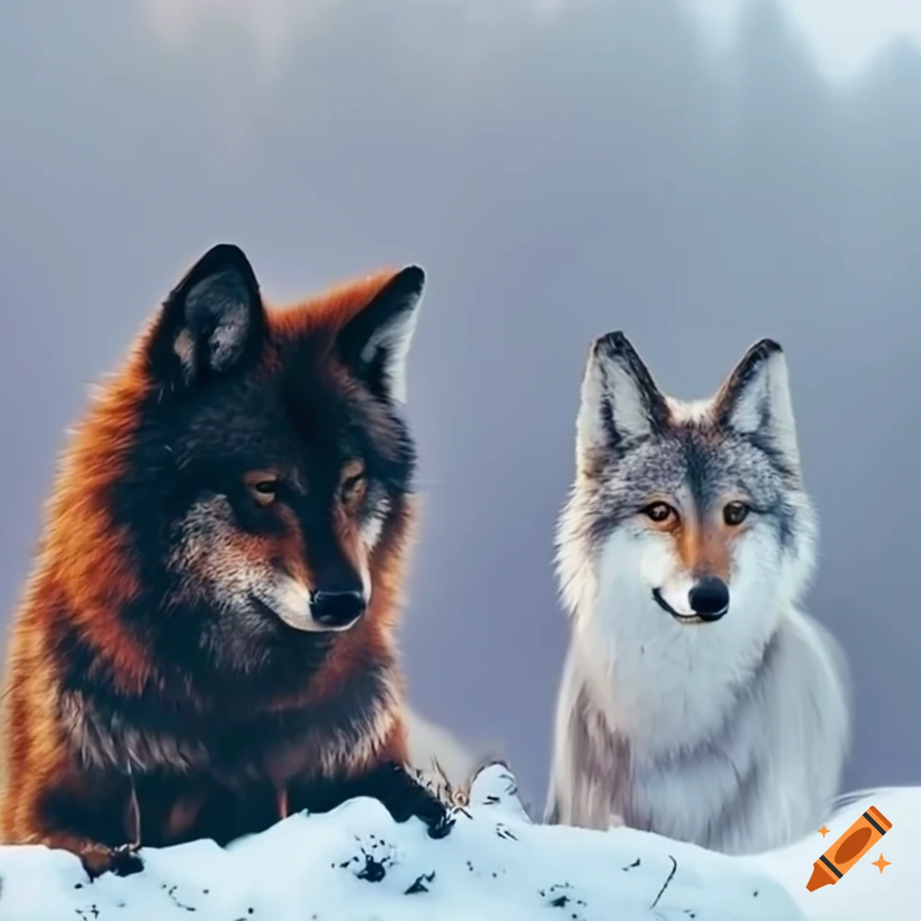 Black wolf and fox in snowy landscape showing affection on Craiyon
