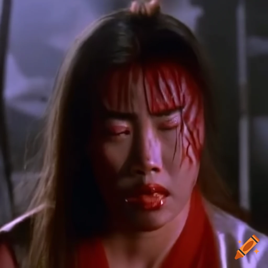 Expressive closeup of dizzied asian female kung fu fighter from an 80's ...