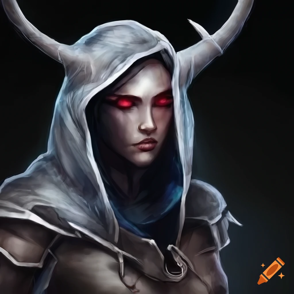 Detailed character sheet of a mystical hooded rogue with blue skin, red ...