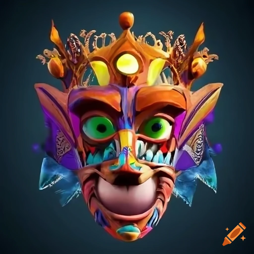 Vibrant wooden sumarian mask with expressive eyes and feather crown on ...
