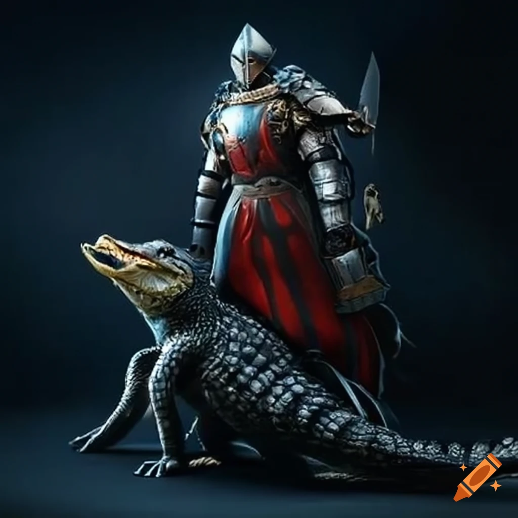 Adventurous knight on a powerful alligator ready for battle on Craiyon