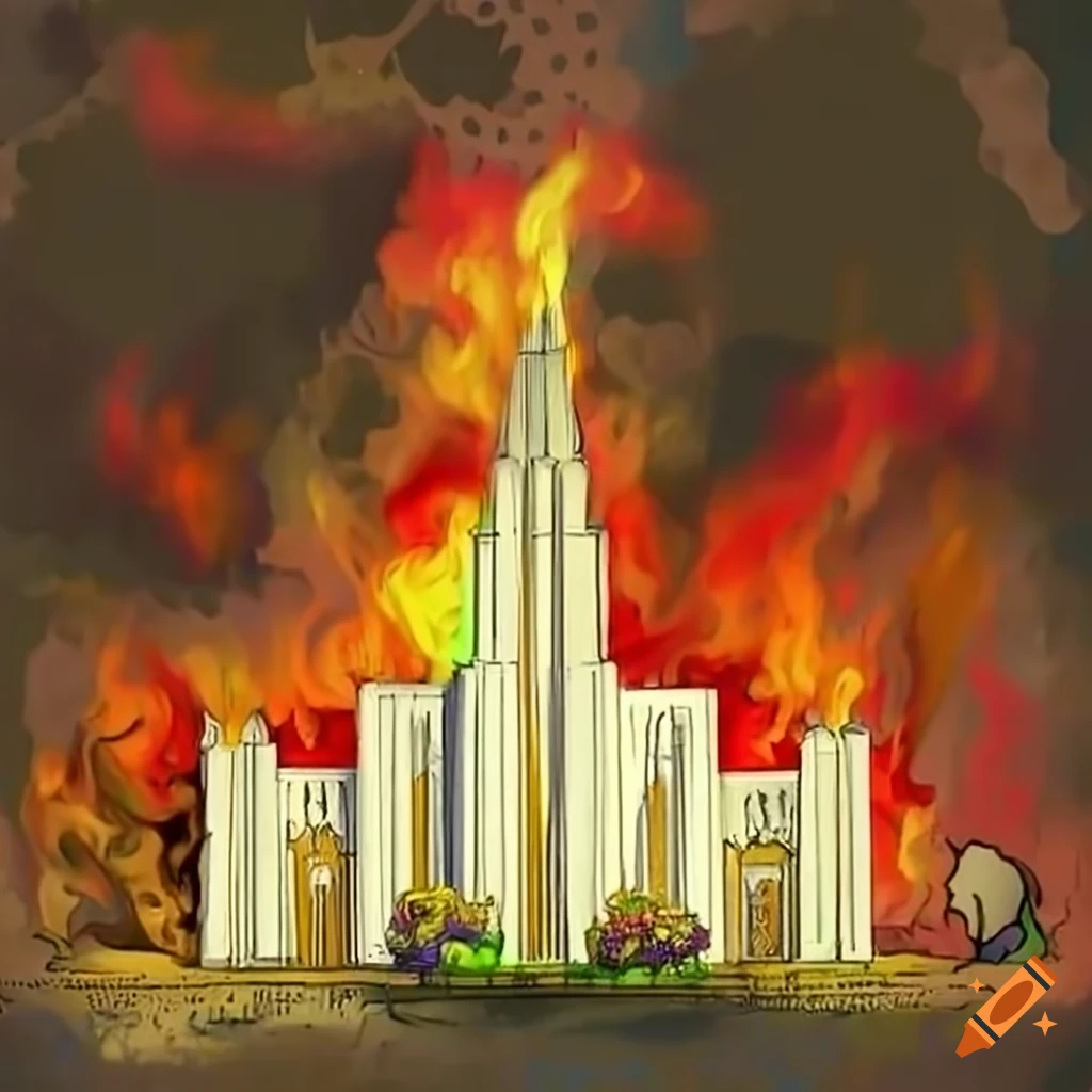 Mormon temple engulfed in flames during an apocalyptic scene on Craiyon
