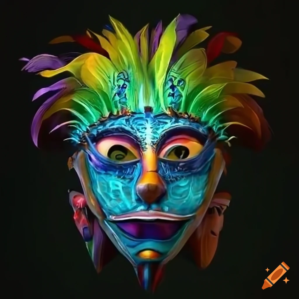 Intricately detailed sumarian wooden mask with vibrant colors and ...