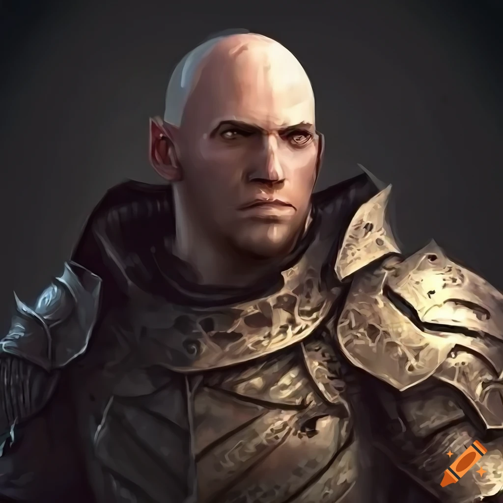 Detailed artwork of a strong bald male warrior in heavy armor in a ...