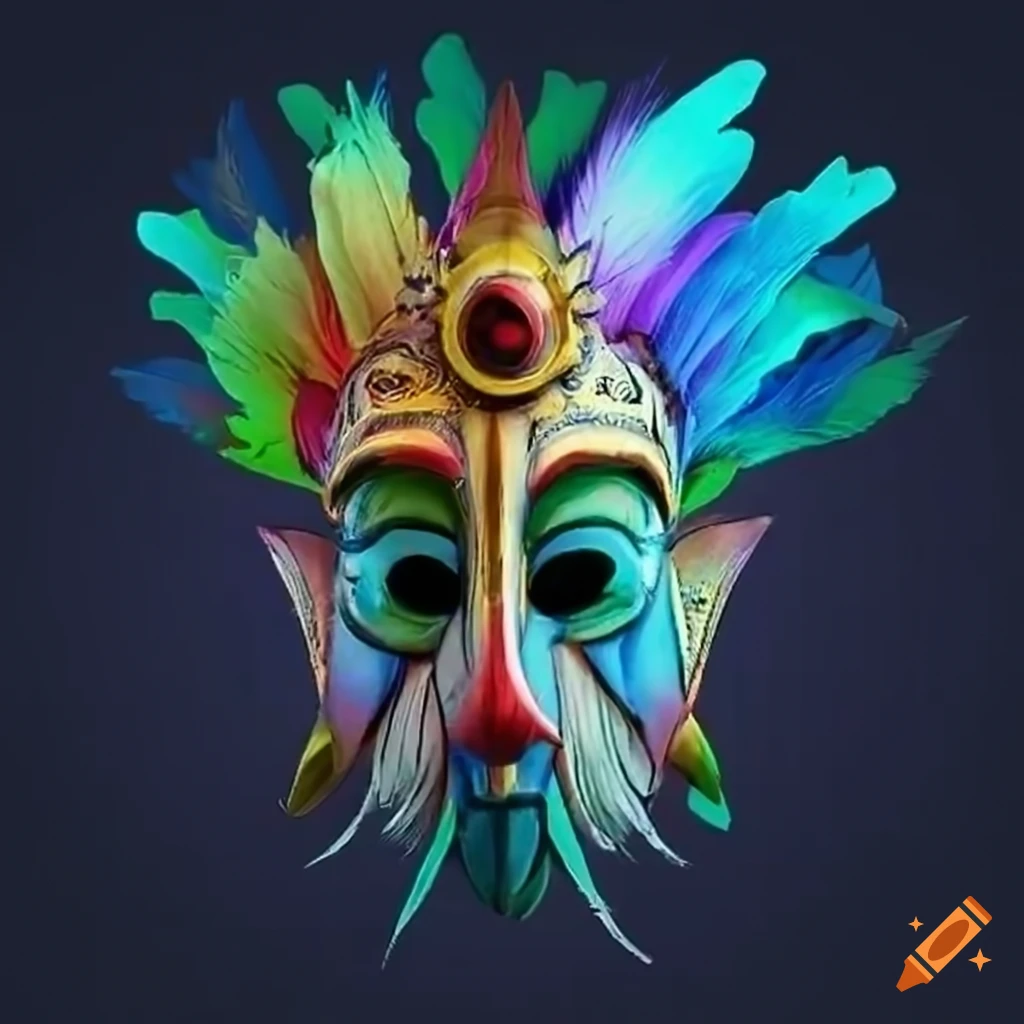 Vibrant and intricate wooden mask with lifelike eyes and feather crown ...
