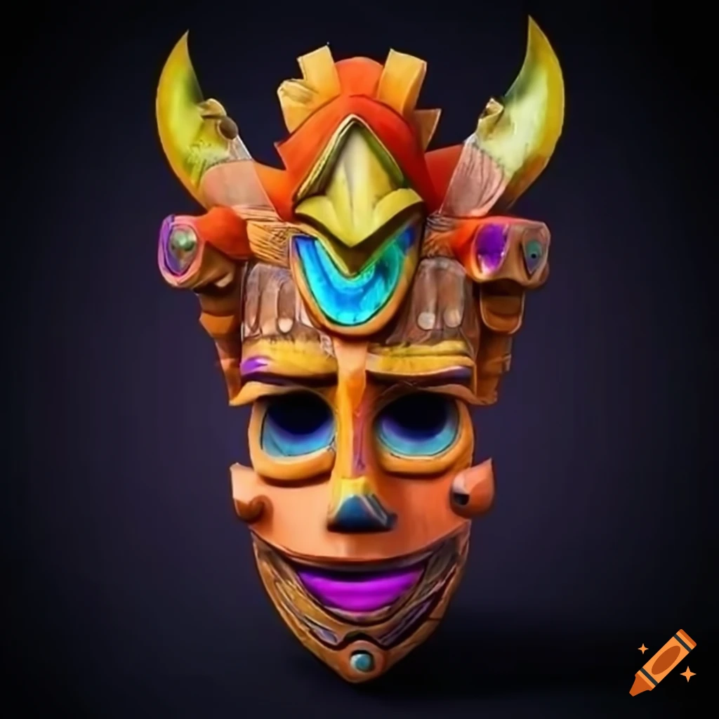 Vibrant and intricately detailed wooden sumarian mask with feather ...
