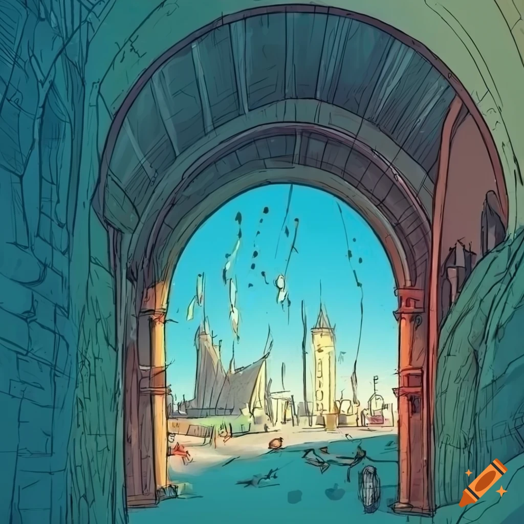 Medieval alleyway with airships in a Moebius illustration style on Craiyon