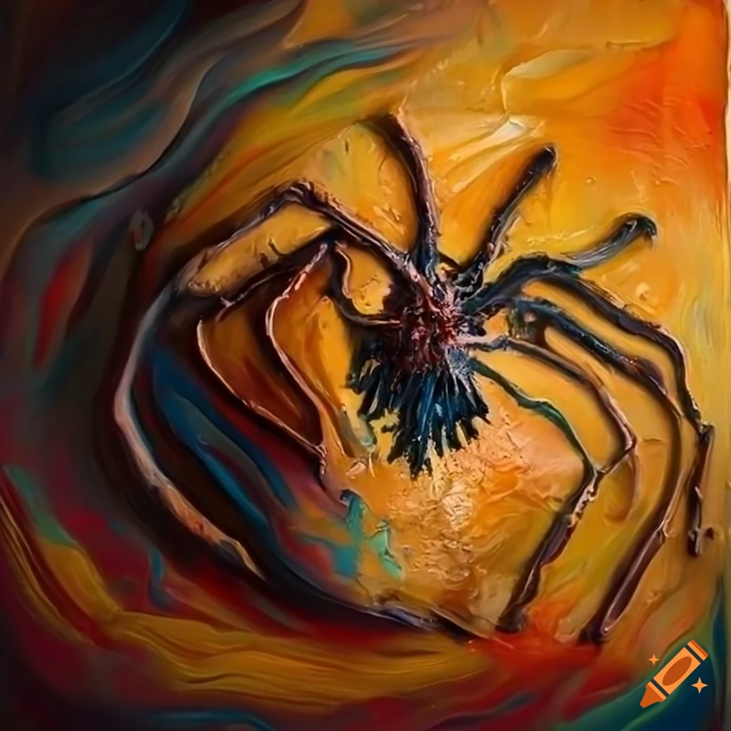 Abstract expressionistic oil painting of raw dough sculpture and spider ...