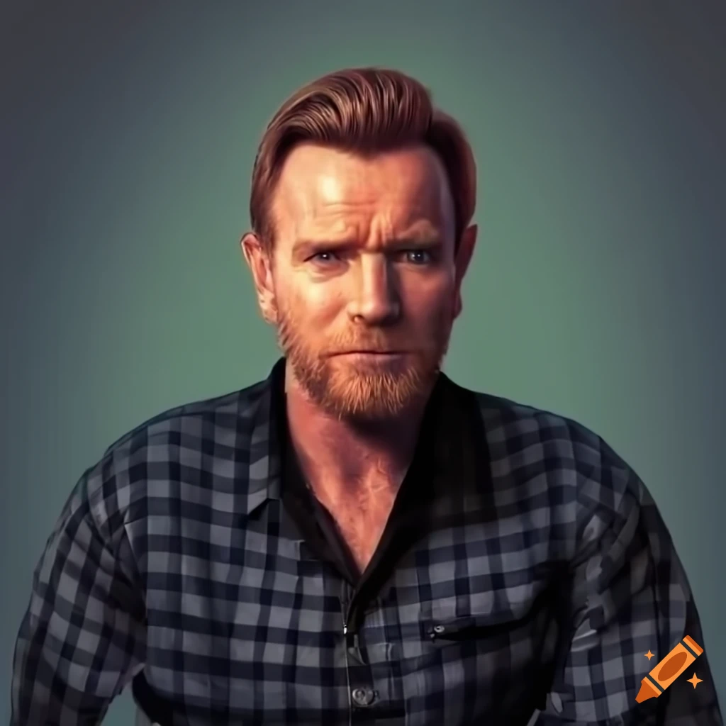 Young man resembling British actor Ewan McGregor in a plaid shirt and black leather trousers ...