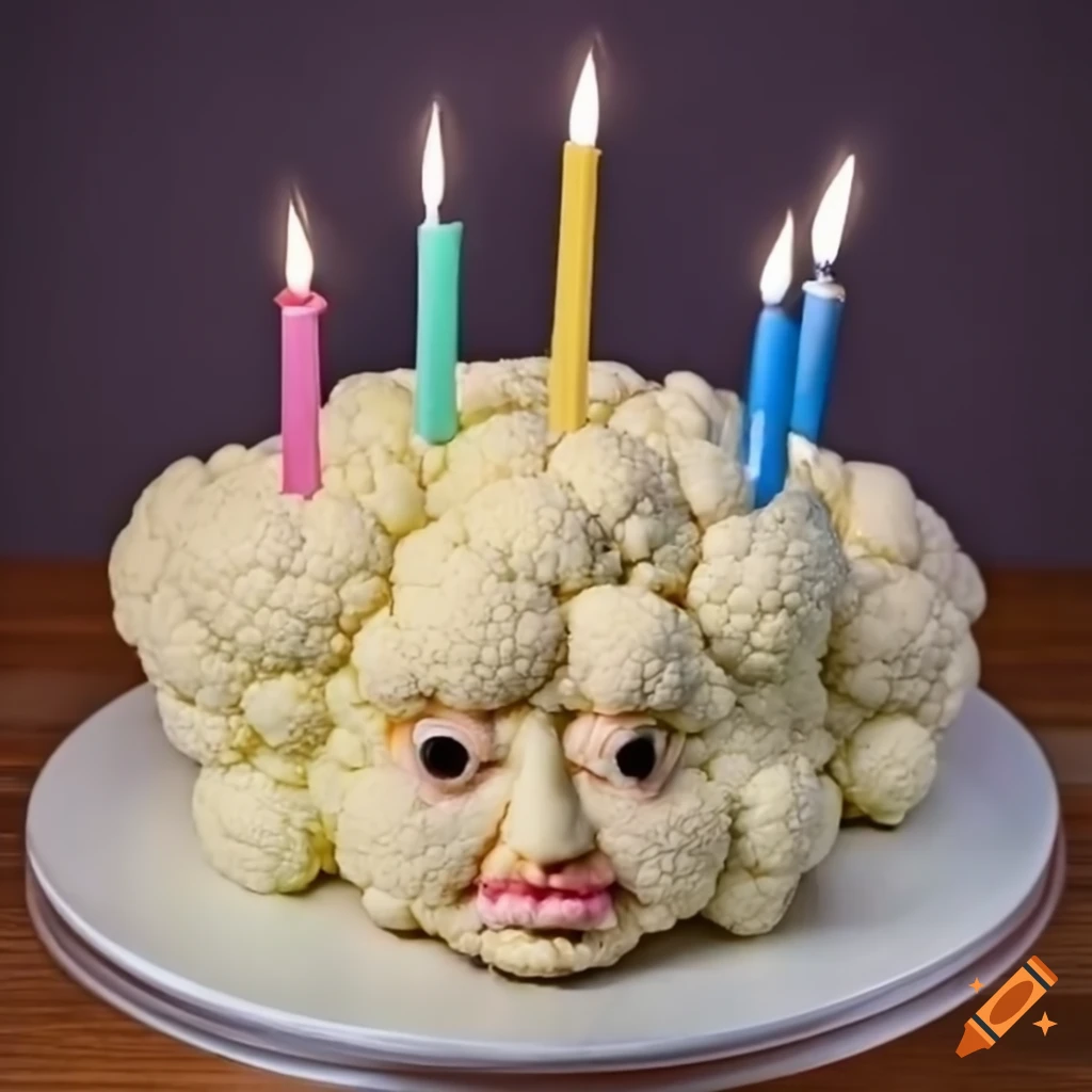 Cauliflower birthday cake with human face on Craiyon