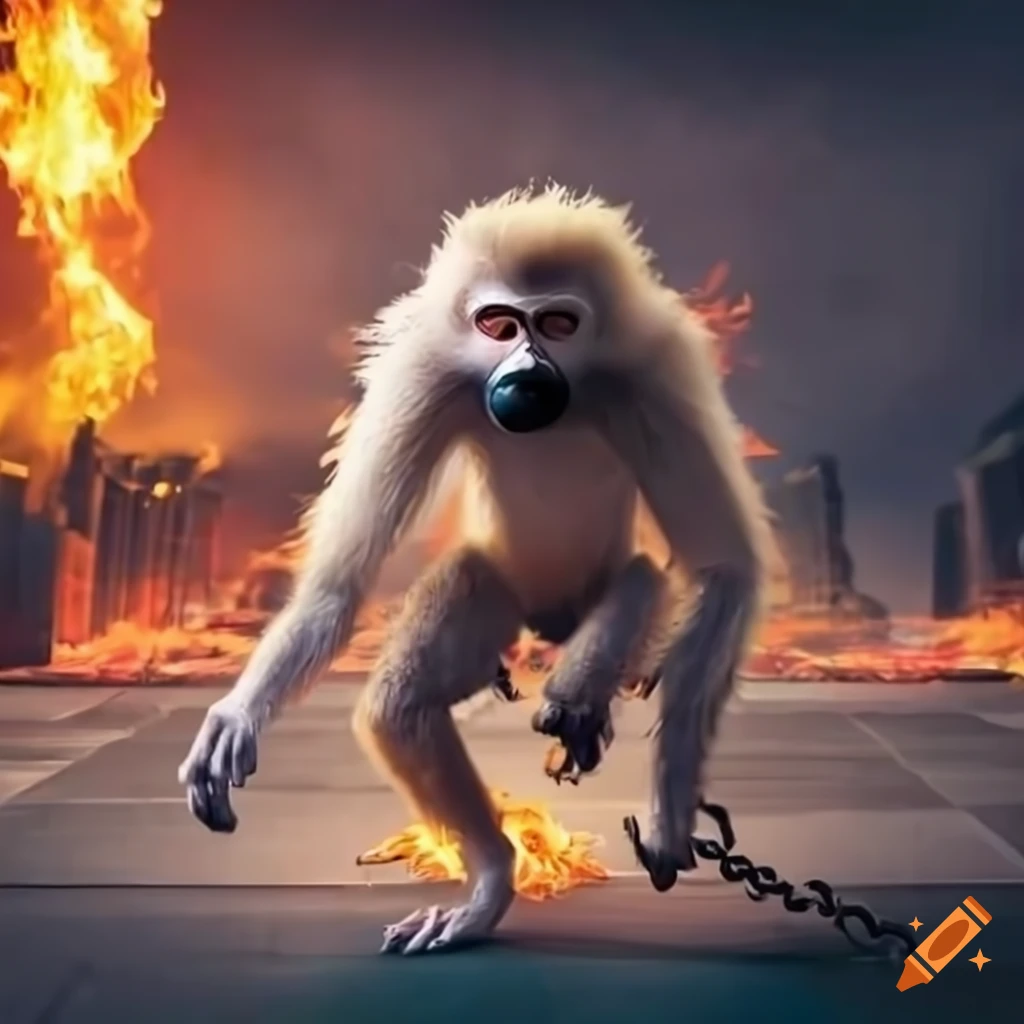 White fire Chinese monkey with fiery chains and ninja mask running in a ...