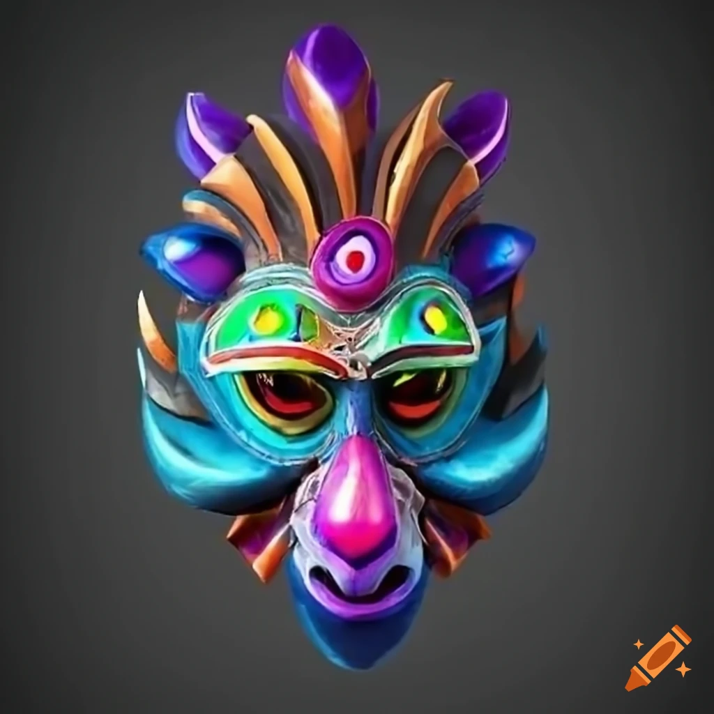 Intricately detailed sumarian wooden mask with vibrant colors and ...