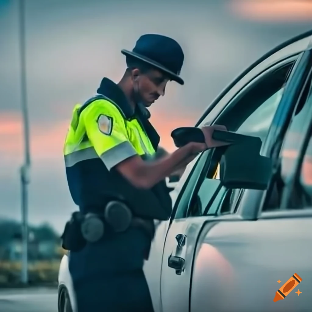 Traffic stop: officer approaching a driver's window on Craiyon