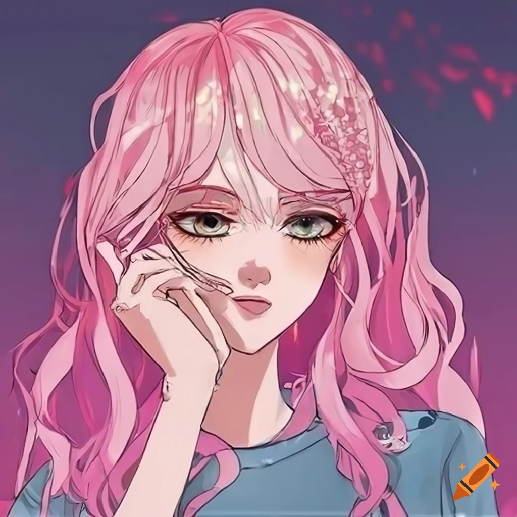 Anime manga-style woman with sparkling hazel-green eyes in pink preppy ...