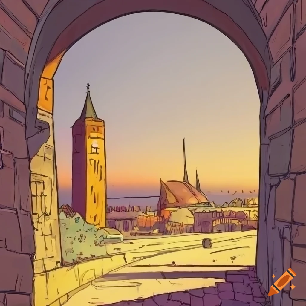 Medieval alleyway with airships in a Moebius illustration style on Craiyon