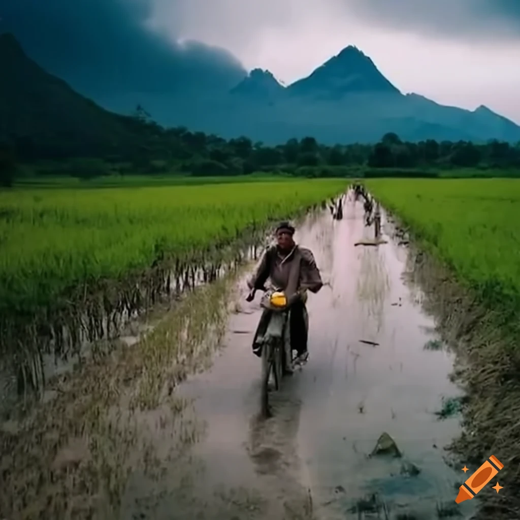 Grandpa and grandma riding an old motorcycle to a rice field with a ...
