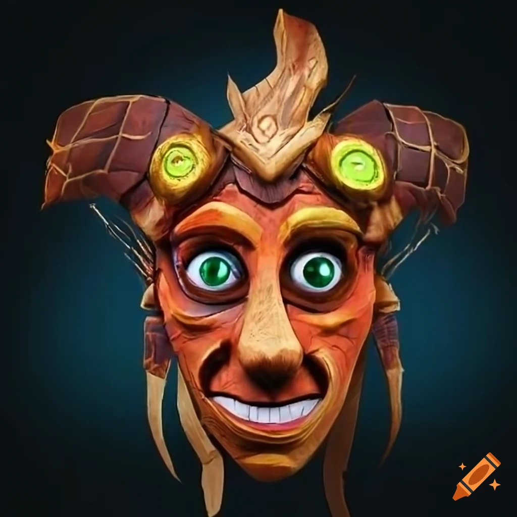 Intricately detailed colorful sumarian wooden mask with feather crown ...