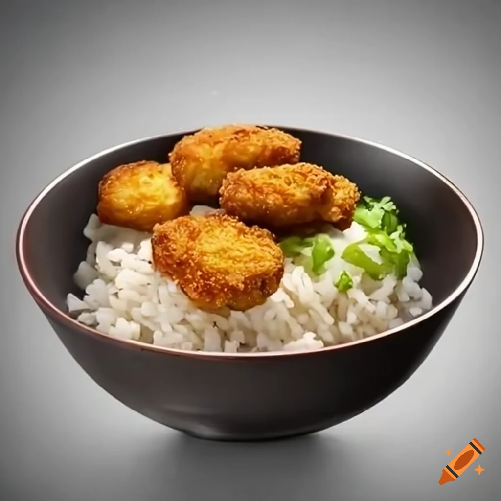 Delicious rice bowl with savory nuggets and flavorful sauce on Craiyon