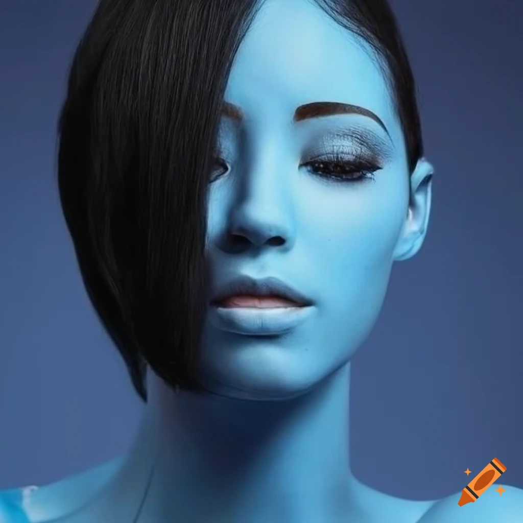 Blue-skinned humanoid woman with wavy black hair in a summer dress at a ...