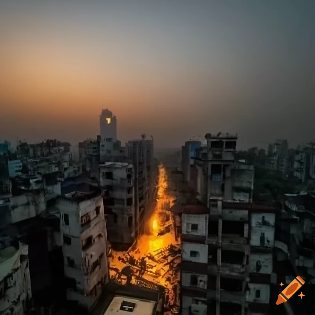 Sunset over dhaka city skyline seen from a cluttered apartment on Craiyon