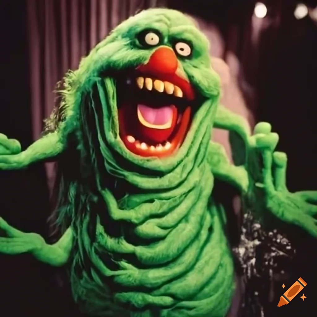 Muppet version of Slimer at an 80s party on Craiyon