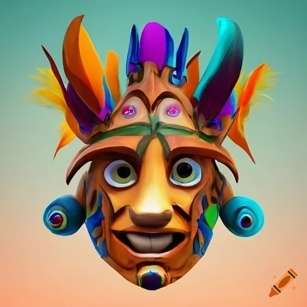 Vibrant sumarian wooden mask with lifelike eyes and feather crown on ...