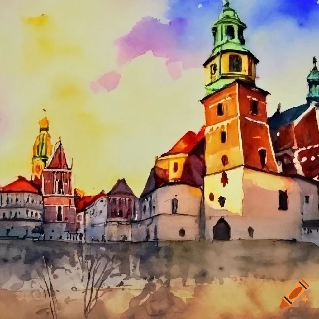 Watercolour painting of Wawel Castle in Krakow on Craiyon