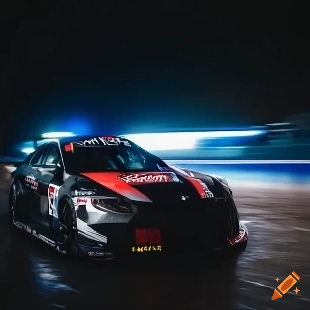 Touring car on Silverstone track at night in the rain on Craiyon