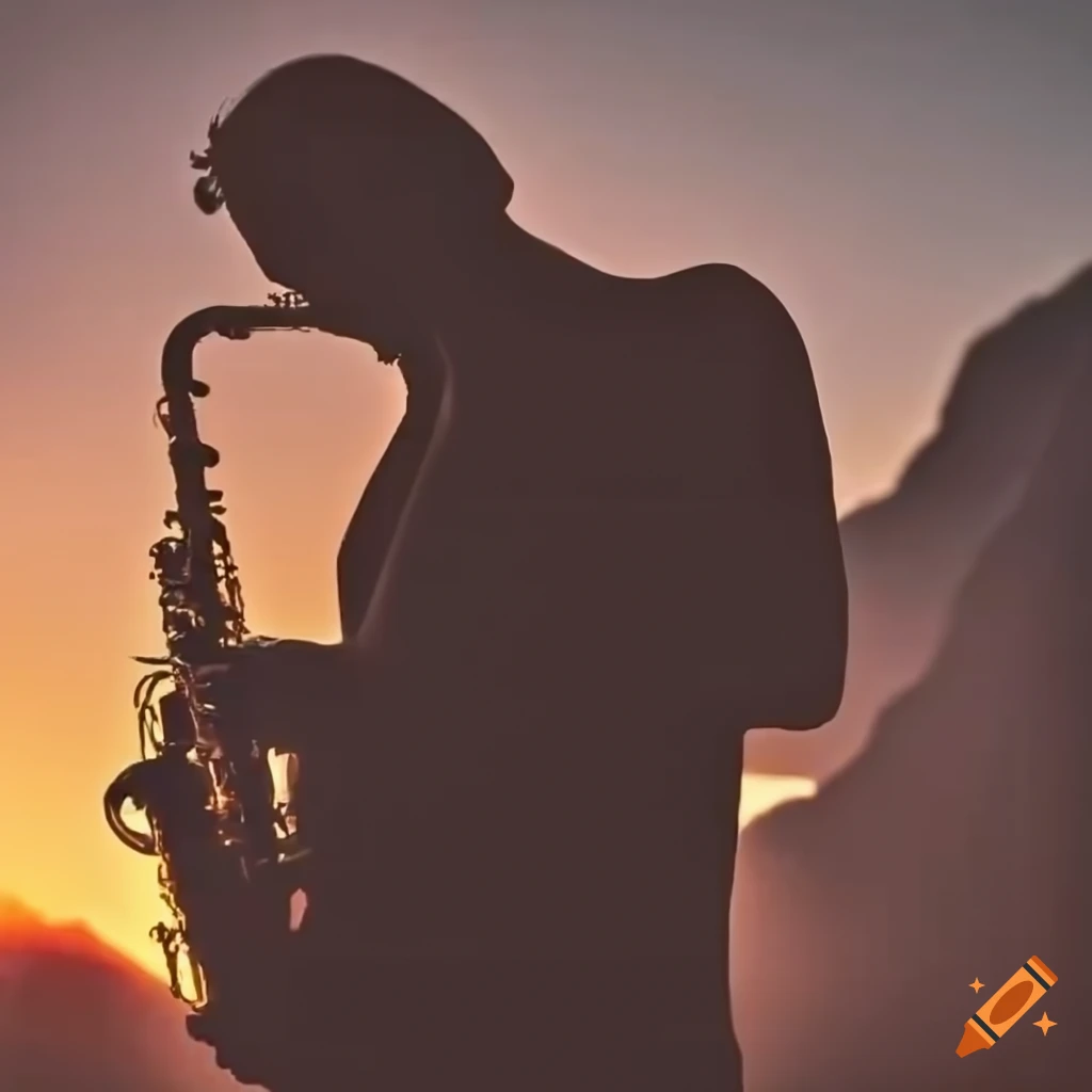 Musician playing saxophone against a sunset on a mountain cliff on Craiyon