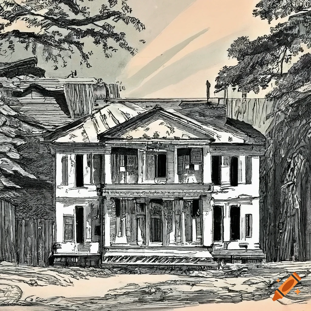Detailed sketch of a historic southern antebellum hunting lodge with ...