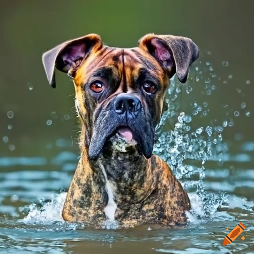 Reverse brindle boxer dog playing in water on Craiyon