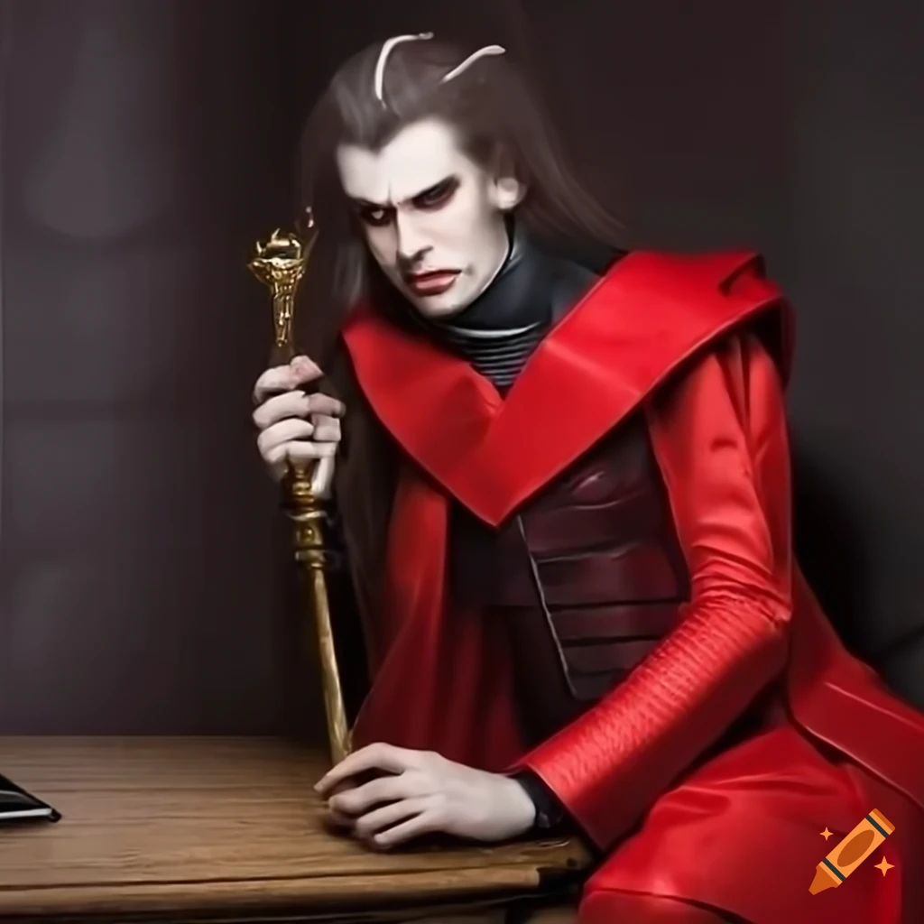 Young handsome vampire lord in scarlet suit and royal hat holding a ...