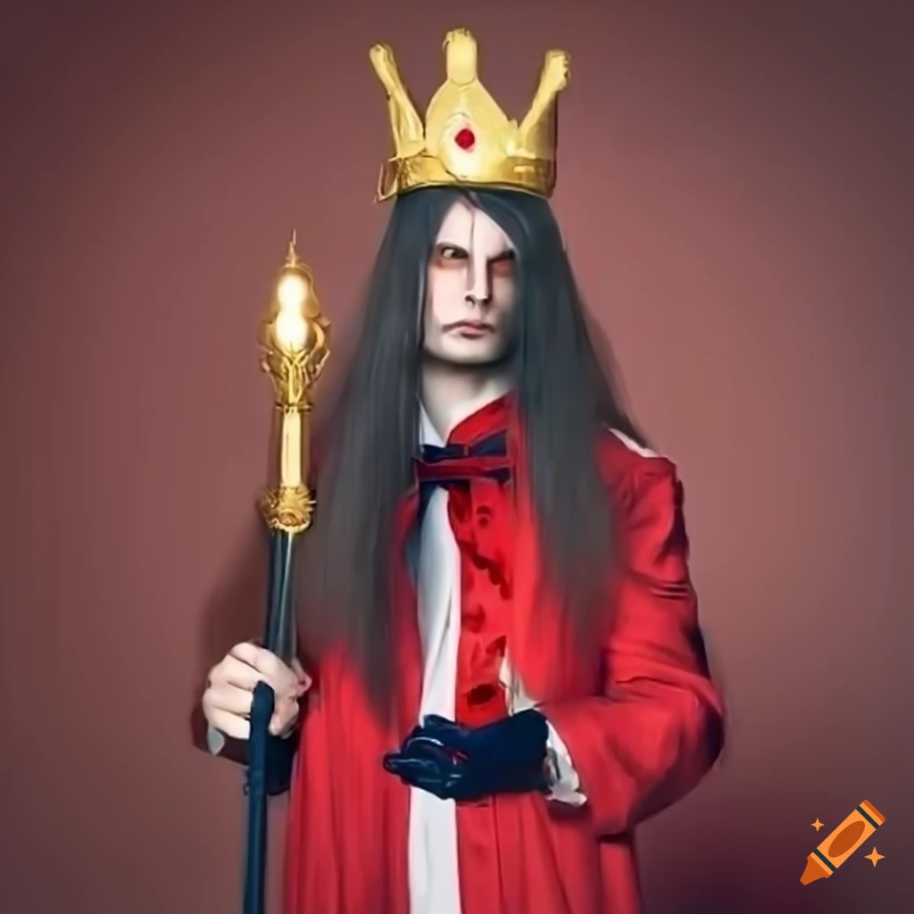 Young handsome vampire lord in scarlet suit and royal hat holding a ...