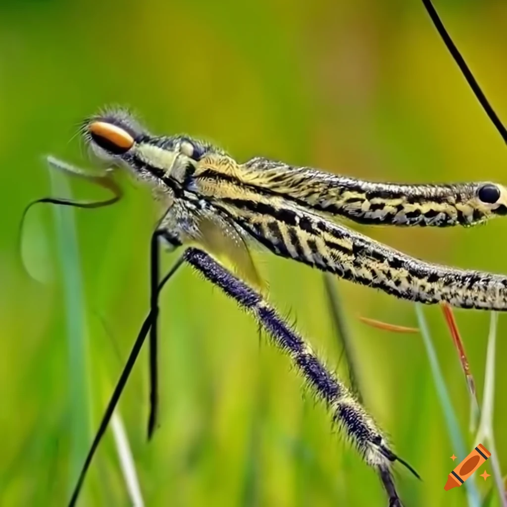 Creature with wings, long legs, multiple eyes, fuzzy body, striped ...