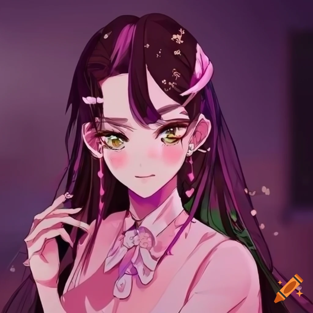 Anime manga-style woman with sparkling hazel-green eyes in pink preppy ...