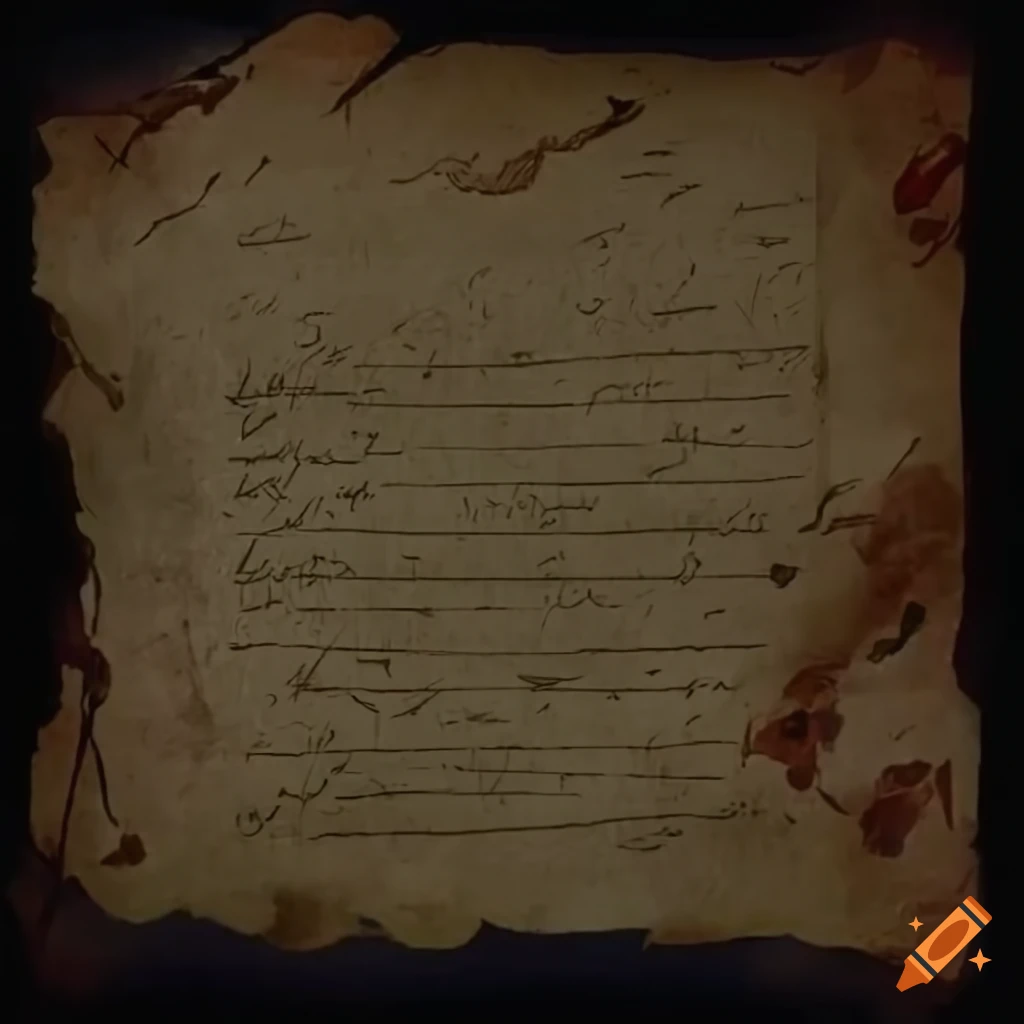 Horror game note on old yellowed paper with tattered edges on Craiyon